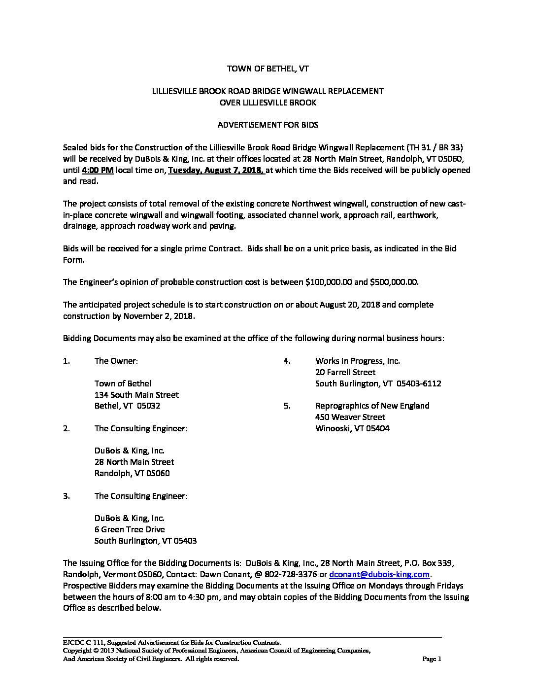 00111 ADVERTISEMENT FOR BID - DuBois & King, Inc.